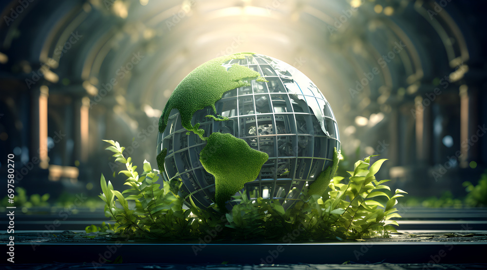 Globe with green lands. Metal grid covers earth. Plants at base. Inside ...