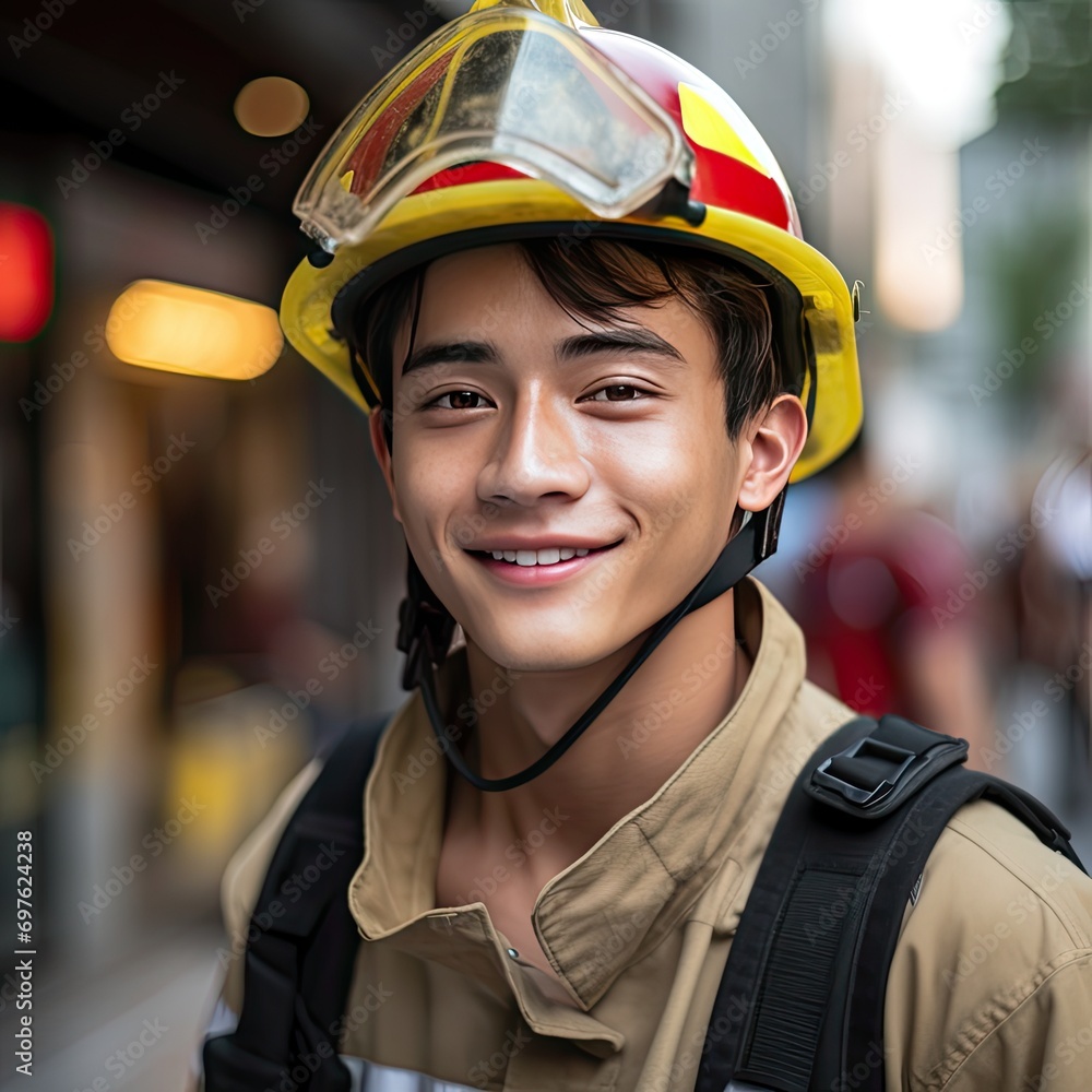 Hero Firefighter in Uniform, Young Smiling Fireman, Firefighting Danger ...