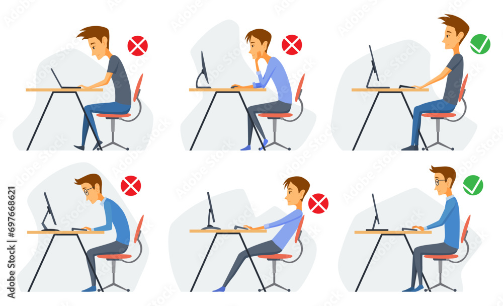 Correct body alignment in sitting working with computer. Wrong posture ...
