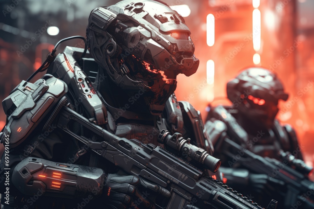 ภาพถ่าย Stock Futuristic army in Explosive Action A Photo Realistic ...