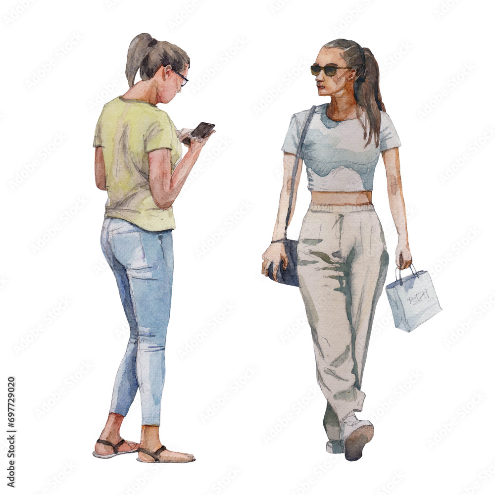 Set of isolated standing and walking women in watercolor illustration ...