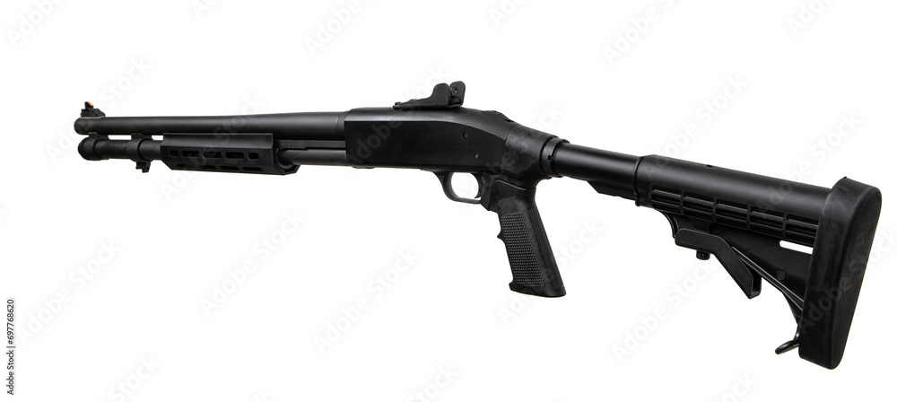 Pump-action 12 gauge shotgun isolated on a white background. Additional ...