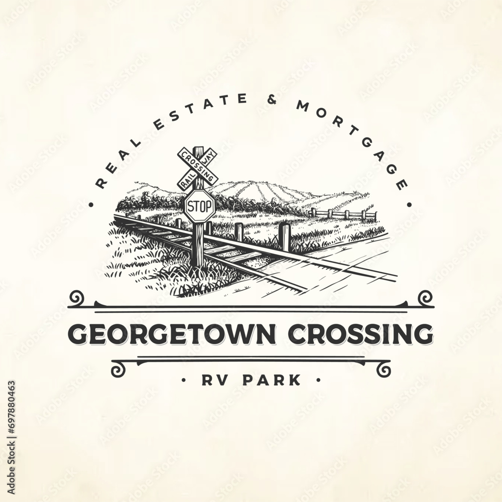 Vintage style logo for a rustic RV park or campground, featuring a stop ...