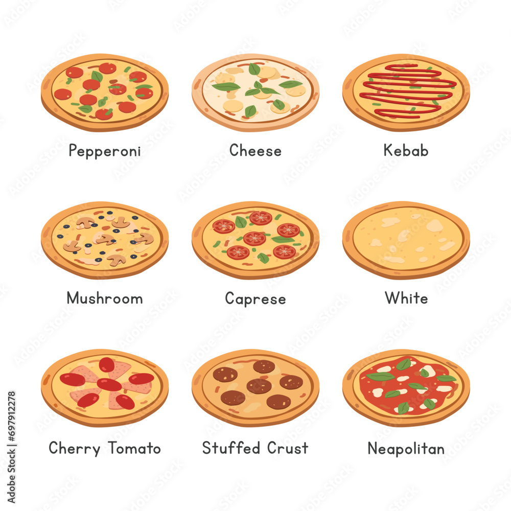 Diverse Types of Pizza Isometric Vector Set. Pepperoni, Cheese, Kebab ...