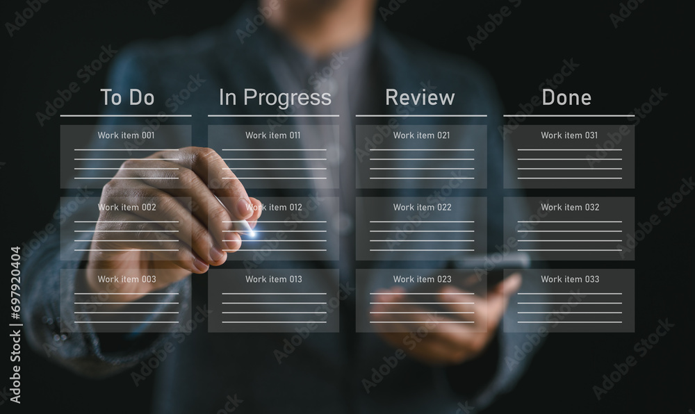 Developer touching virtual interface. Agile software development or project management using ...