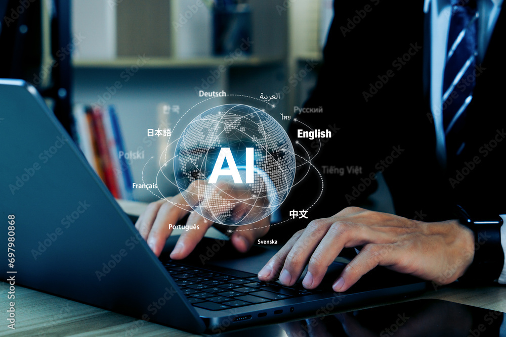 Ai translate language concept.Businessman hand with ai translator with blue background ...