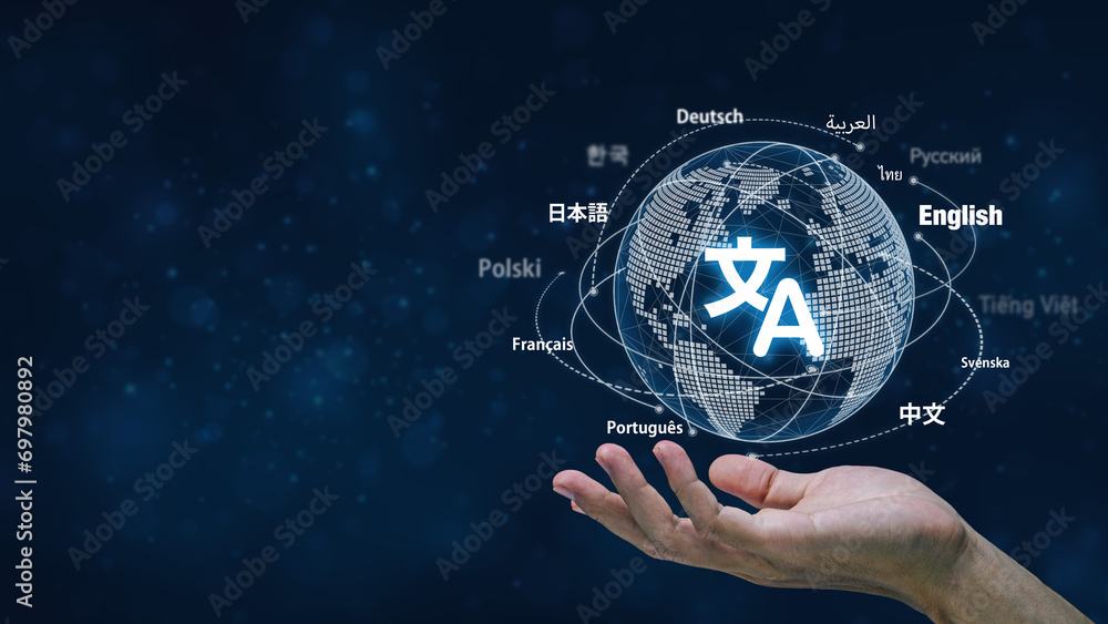 Man hand with translation icon for foreign languages on website.Symbol ...