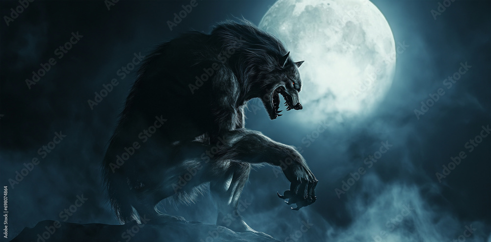 Stock-Foto „Lycanthropic Night. Sinister Werewolf on Moonlit Cliff in ...