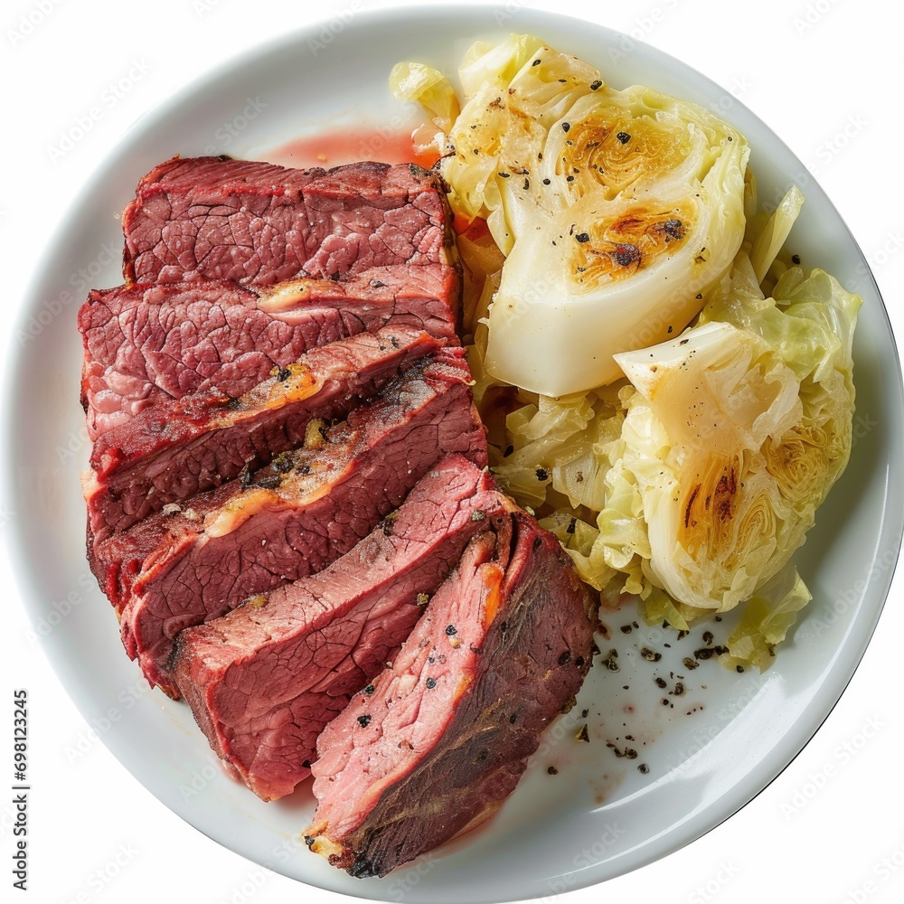 Sliced corned beef with cabbage and potatoes on a plate, traditional ...