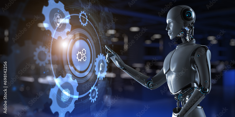 Gears Business industrial process workflow robotic automation RPA. Robot pressing button on ...