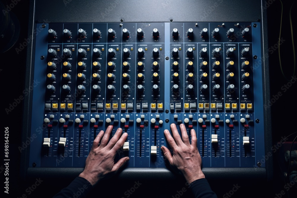 Sound engineer working on mixing console in studio, closeup of hands ...