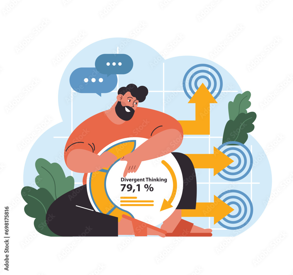 Navigating through ideas. Man steers divergent thinking wheel, with ...