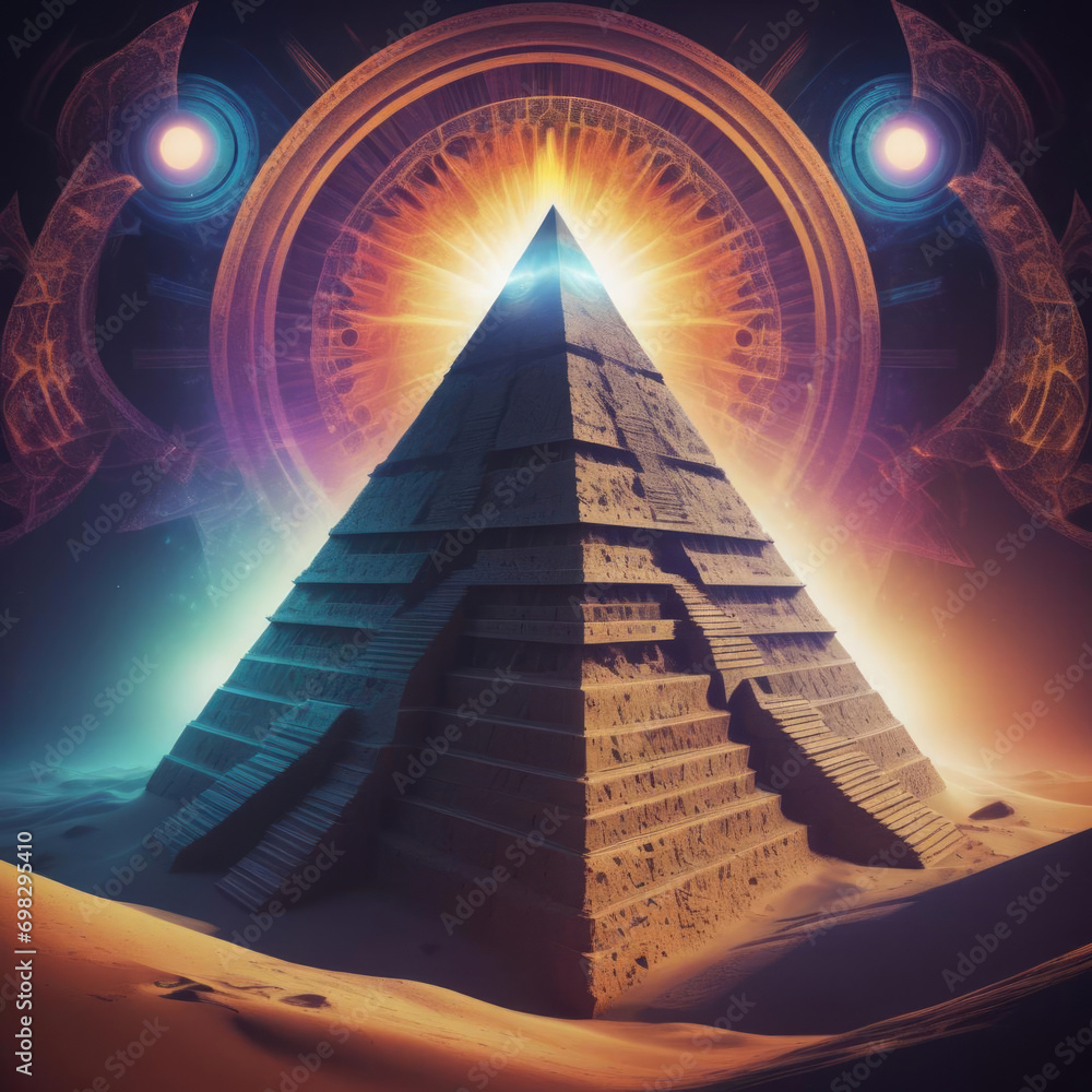 Fractal Glow - Psychedelic vector image of mystic pyramids with a human ...