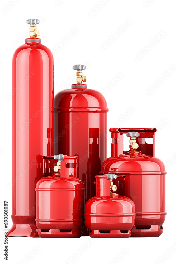 Set of propane cylinders with compressed gas, 3D rendering isolated on ...