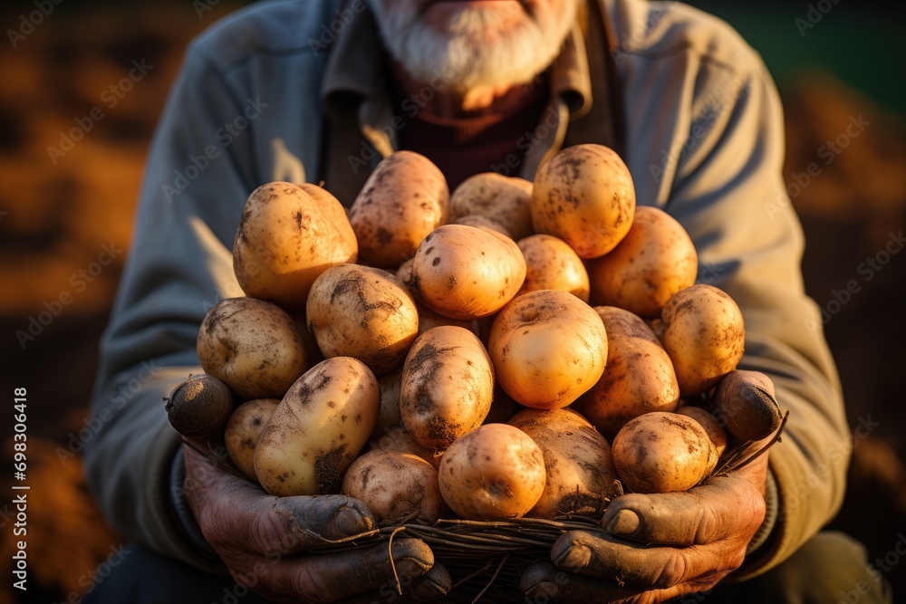 A rugged man proudly displays the bounty of his local market, a rustic ...