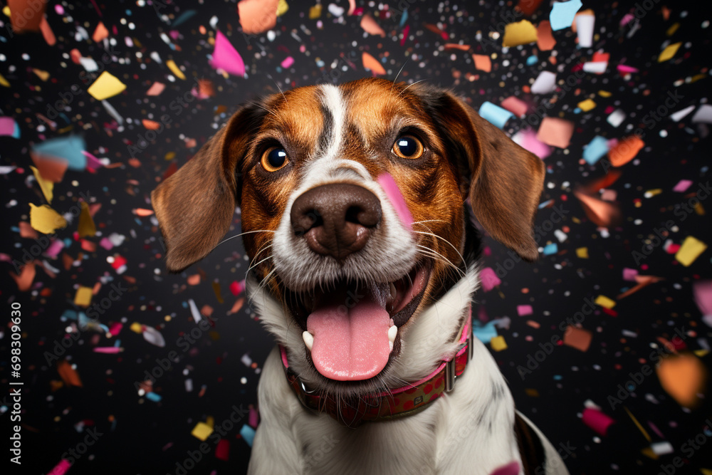 A lively Jack Russell Terrier wearing a party hat and surrounded by ...