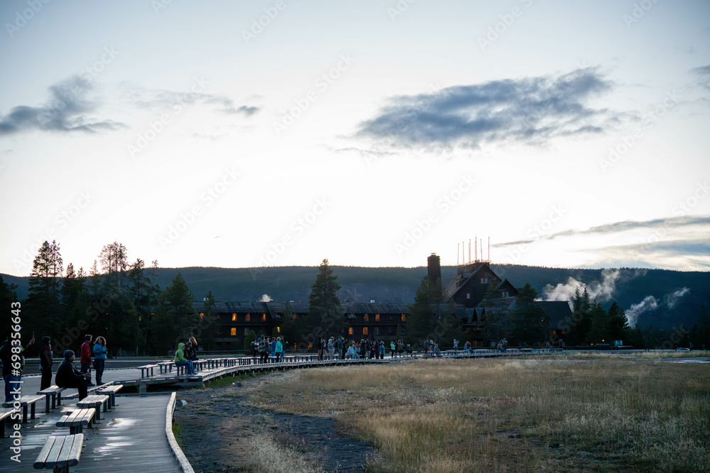 Grand Old Faithful geyser sunset eruption explosion steam Yellowstone ...