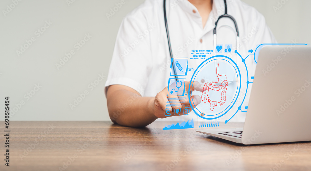 Doctor read a report on an intestine patient checkup on a virtual ...