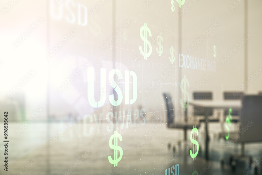 Virtual USD symbols illustration on a modern conference room background ...