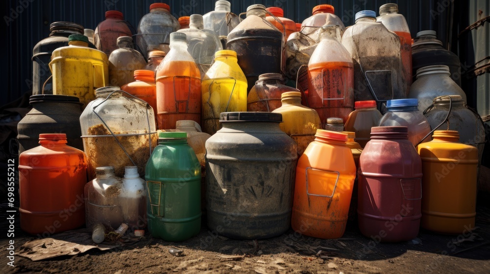 Used pesticide containers clutter together, demonstrating the aftermath ...