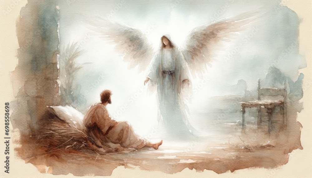 An Angel appears to Joseph. Biblical. Christian religious watercolor ...
