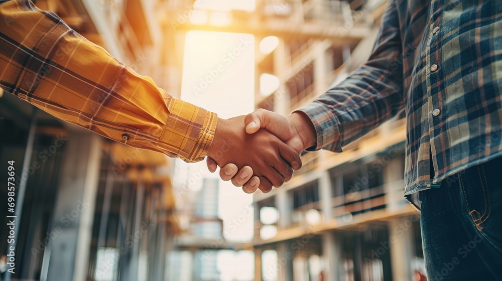 Successful deal, male architect shaking hands with client in ...