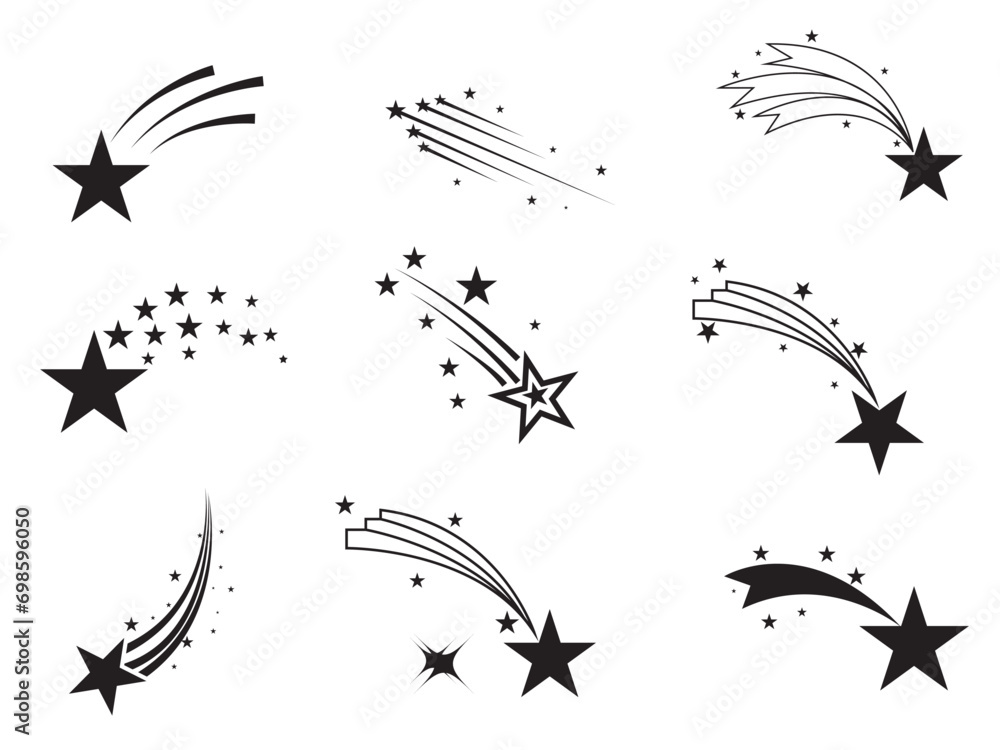 Shooting stars icon vector set. Abstract silhouette of shooting star ...