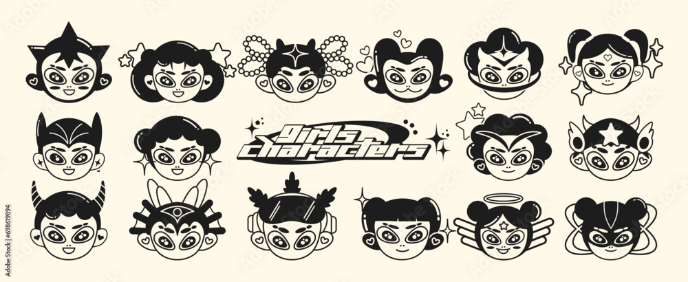 Retro cartoon character in Y2K style. Cyber girls with stars for 90s ...