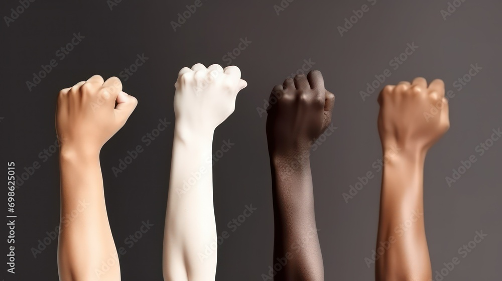 Raised fist of different skin colors, Fight against racism and racial ...