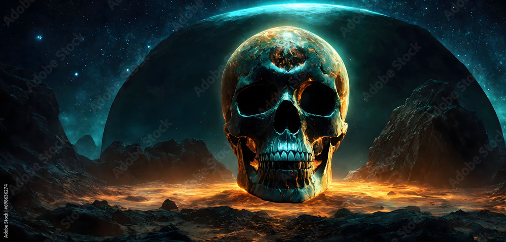 AI generated. Illustration. Human skull flies in space against backdrop ...
