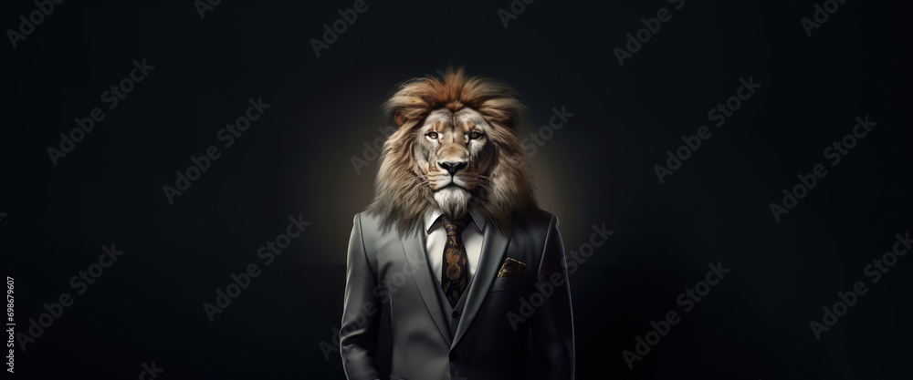 realistic lion director, boss in elegant business suit, white shirt tie ...