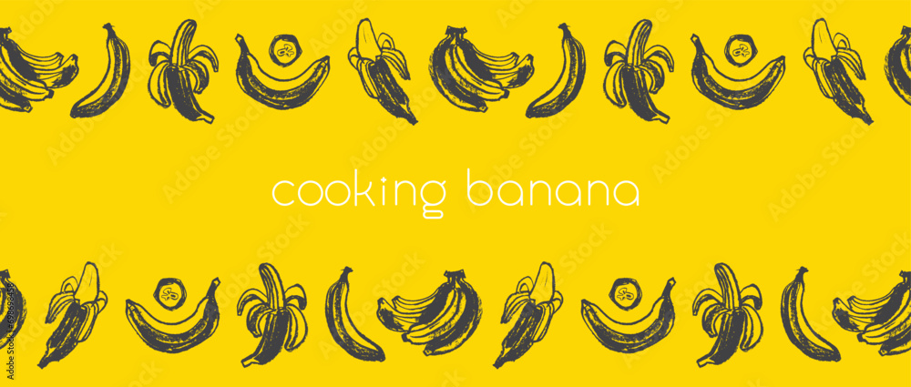 Cooking banana banner background with bananas seamless pattern border ...