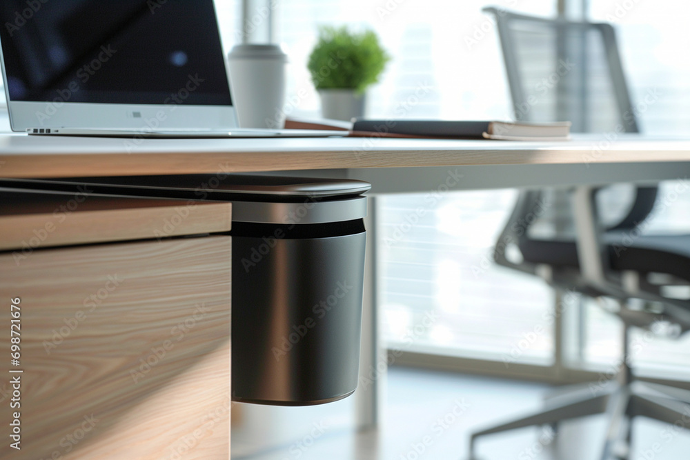 hoto capturing a discreet and compact office wastebasket positioned ...