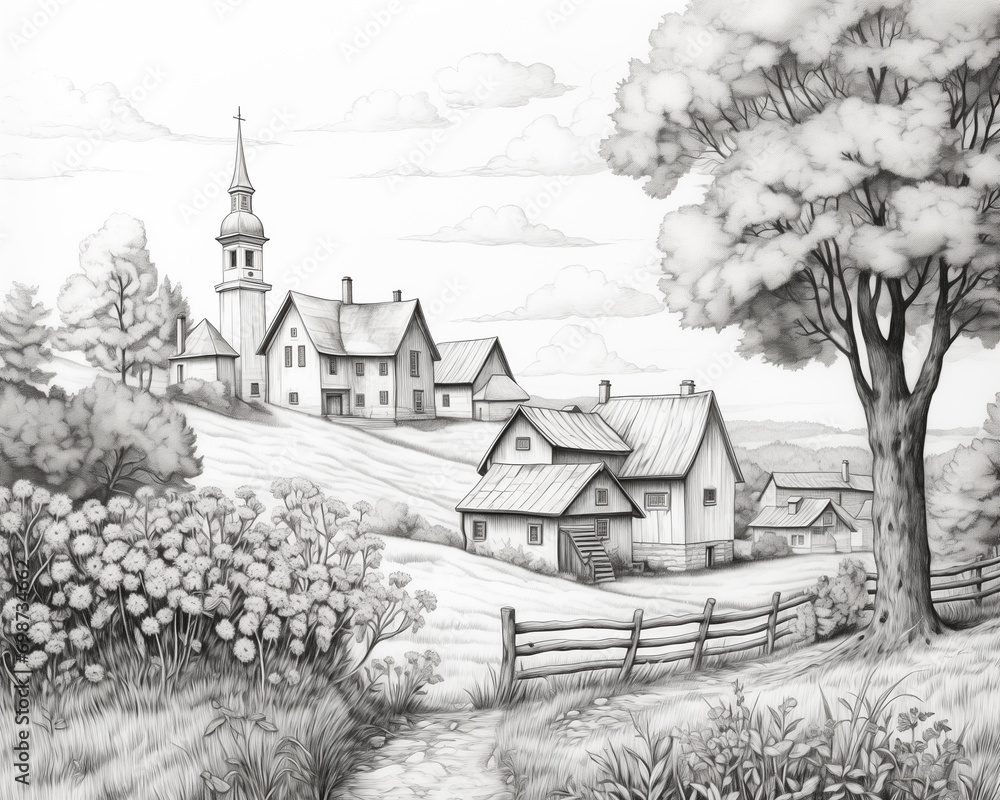 Coloring page, black and white drawing of a village. Black and white ...