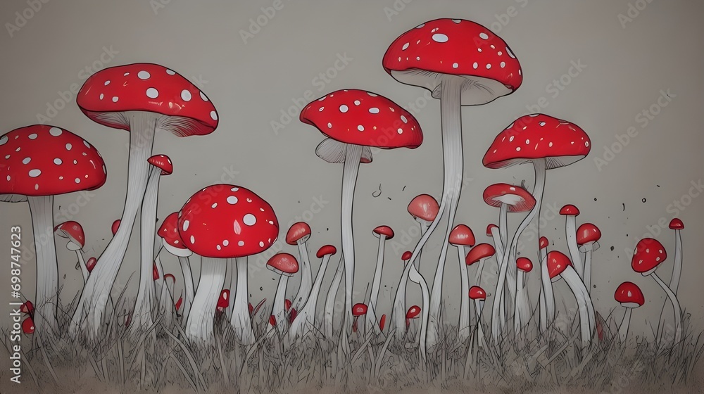 Vector illustration of glowing red white mushroom isolated on white ...