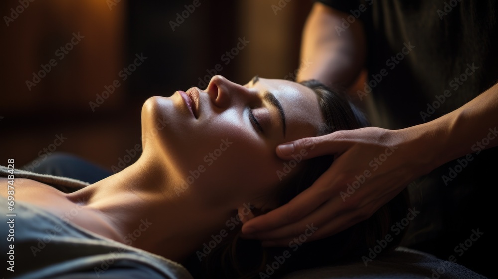 Woman Engaging in Emotional Freedom Technique Therapy. Focused woman ...