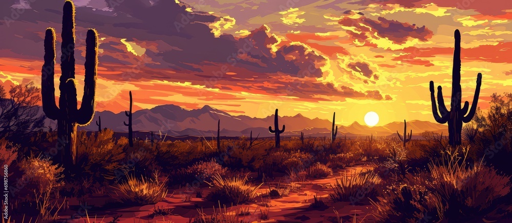 Sunset in Tucson Mountain Park, Arizona, United States, with saguaros ...