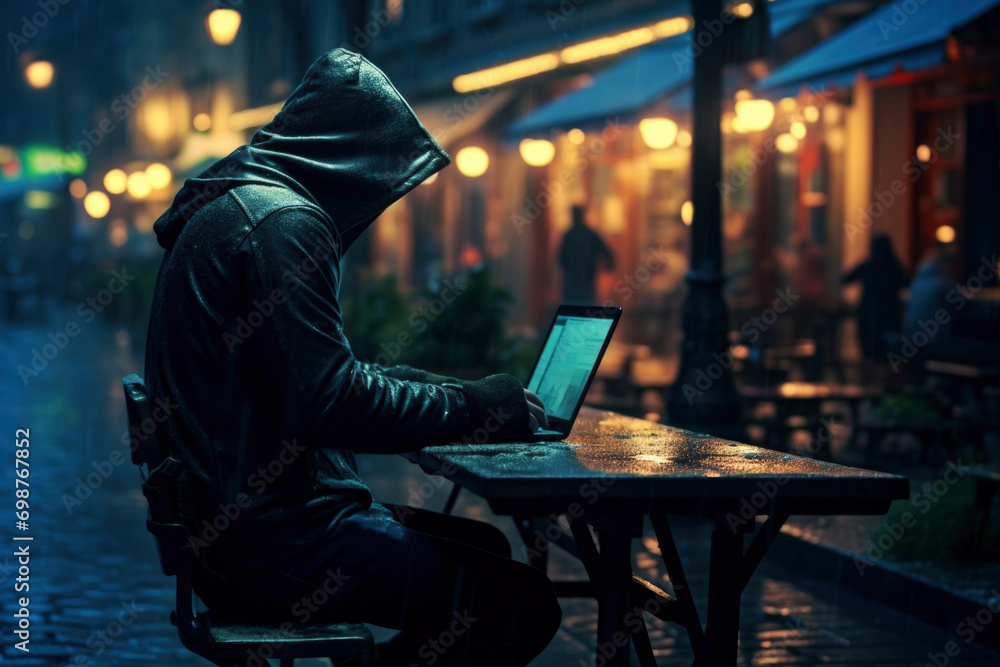 Anonymous hacker in a hoodie typing on a laptop in a dimly lit room ...