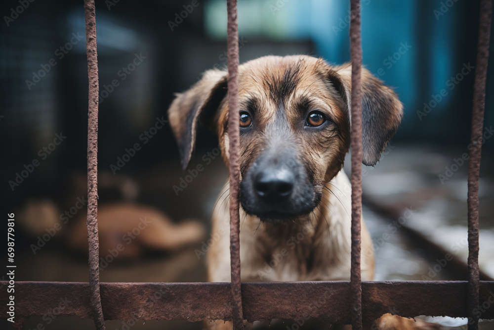 Stray homeless dog in animal shelter cage. Sad abandoned hungry dog ...