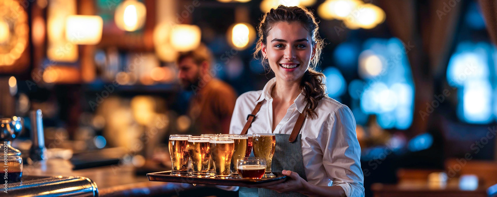 une serveuse tient un plateau de service avec des verres posés dessus ...
