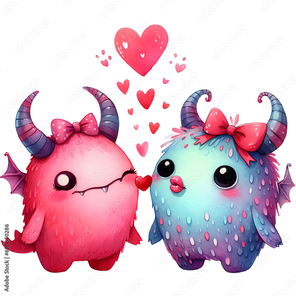 Cute Couple Valentine's Day Monsters Stock Illustration | Adobe Stock