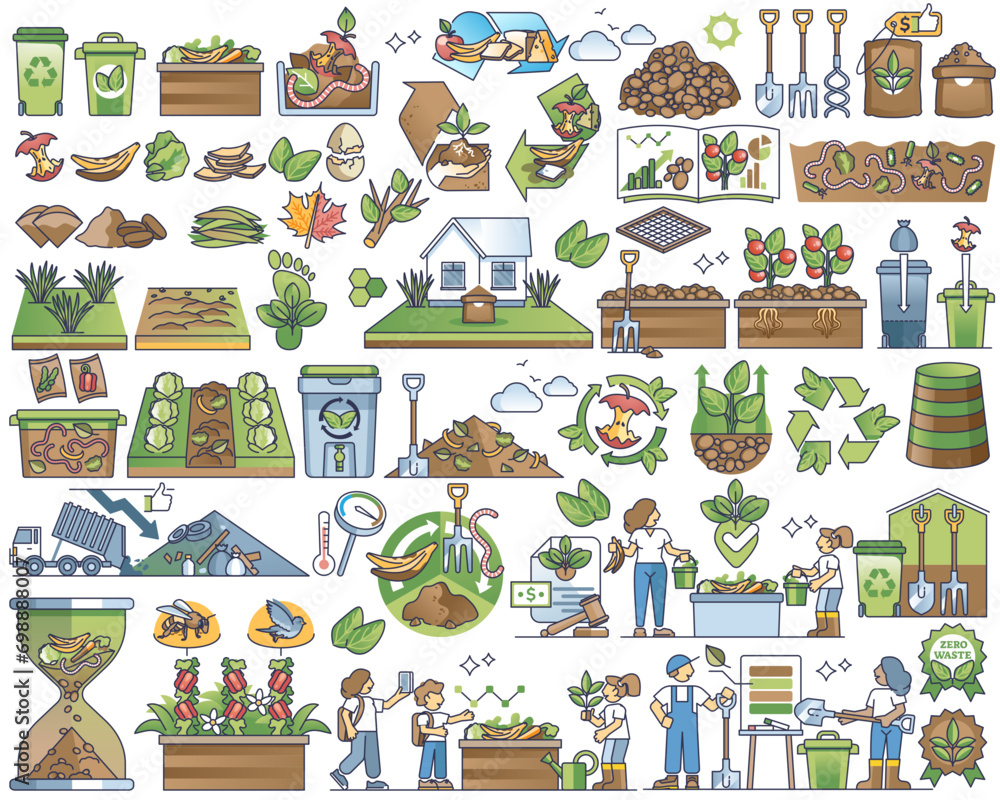 Composting and eco waste management for food leftovers in outline ...