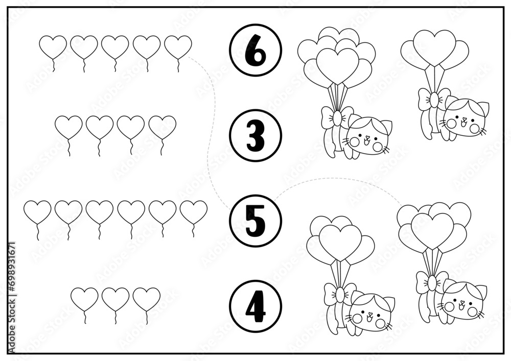 Saint Valentine black and white matching game with cute kawaii cat ...