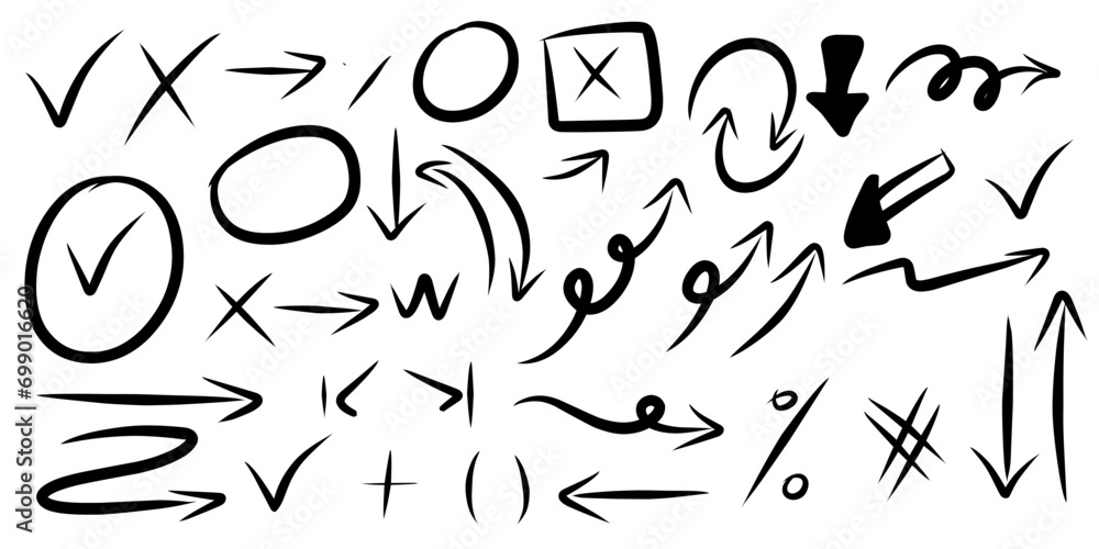 Group of chalked arrows and frames. Hand drawn black charcoal symbols ...