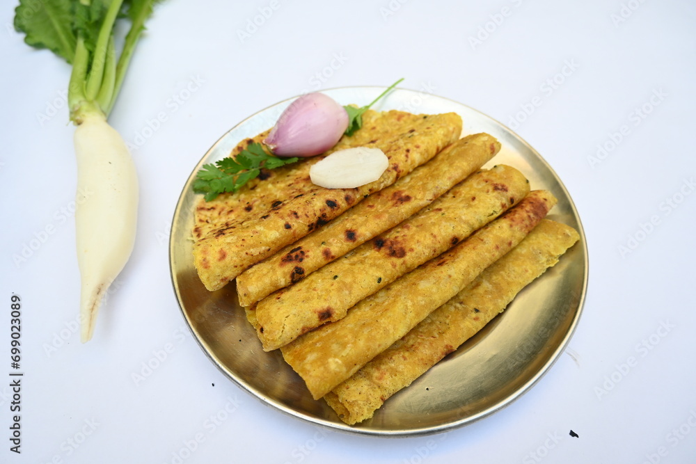 Mooli paratha or Radish flatbread. Healthy Indian Mooli paratha. Daikon ...