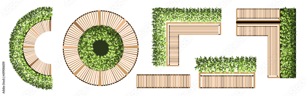 Top view elements for the landscape design plan. Trees and benches for ...