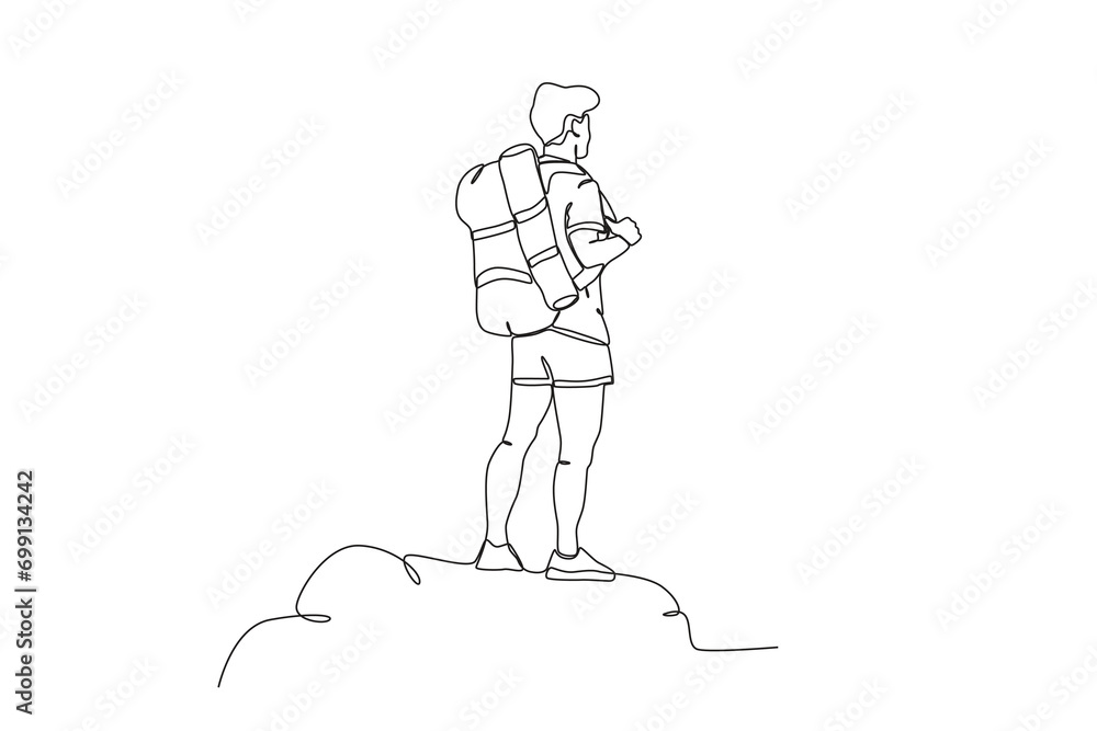 Continuous one line drawing of A man who is observing the view from the ...