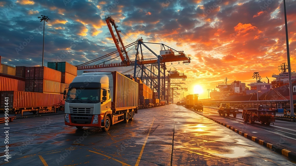 Container truck in ship port for business Logistics and transportation ...