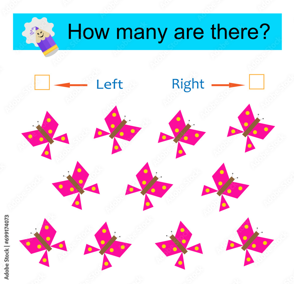 Left or Right. Logic game for kids. Count how many cartoon butterflies ...