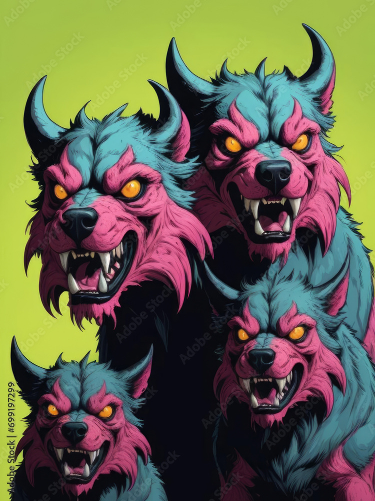 Cerberus - A fierce monster with three heads growling in a flat pop art ...